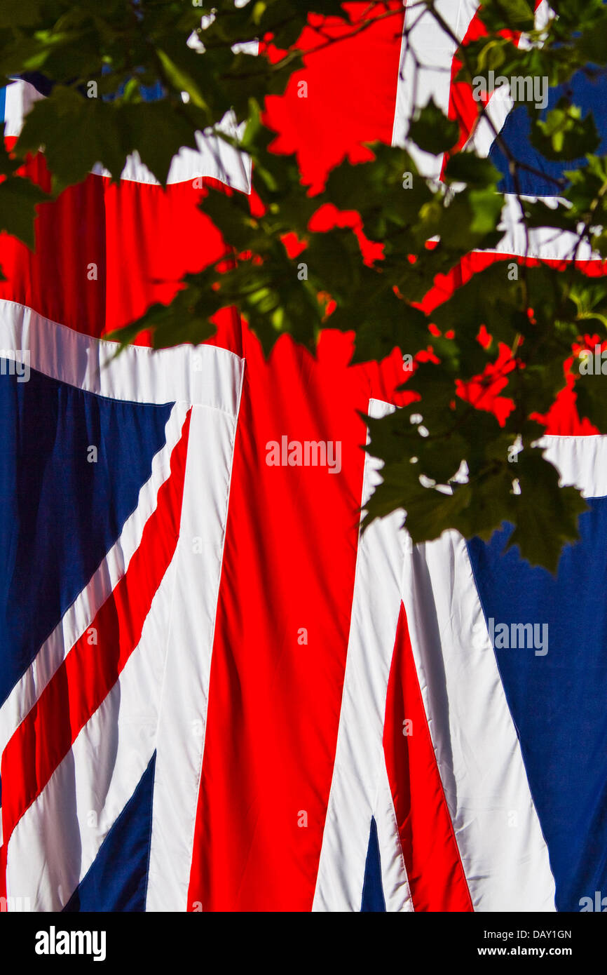 Union jack flag flying between the trees in The Mall, London Stock ...