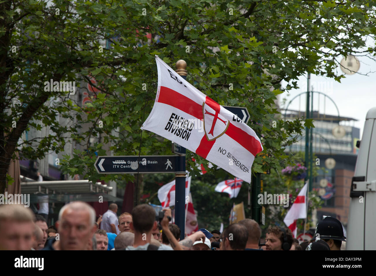 Birmingham, UK. 20th July 2013. EDL banner in Birmingham's Broad Street ...