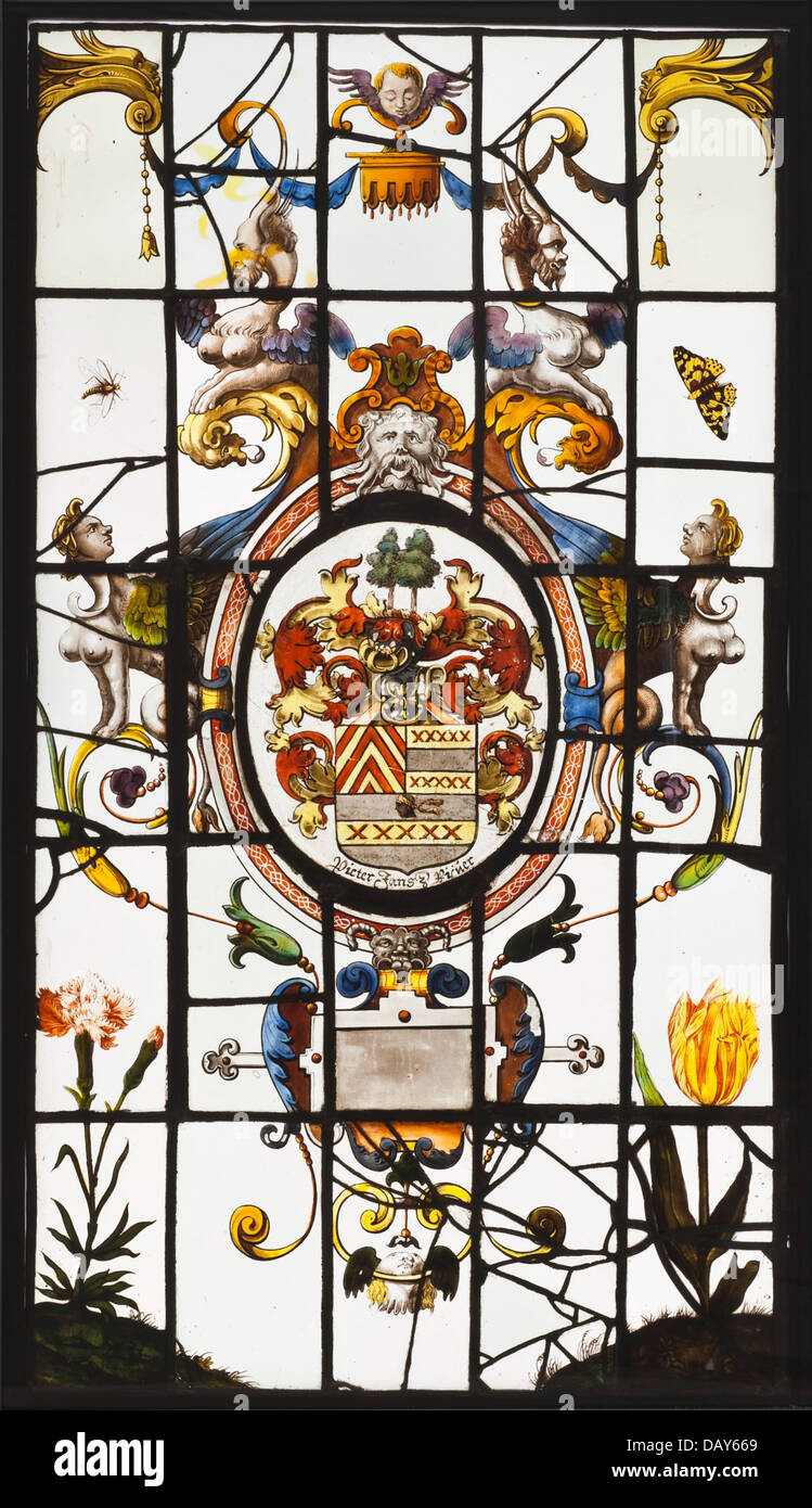 A heraldic panel displayed at LACMA, featuring a detailed coat of arms ...