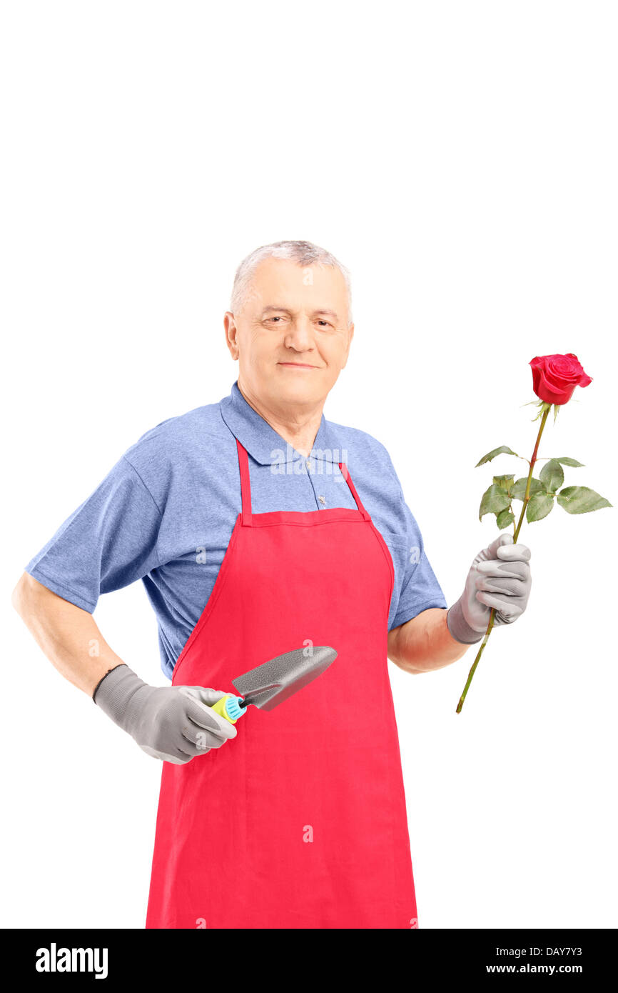 Male gardener holding a rose flower and gardening equipment Stock Photo ...