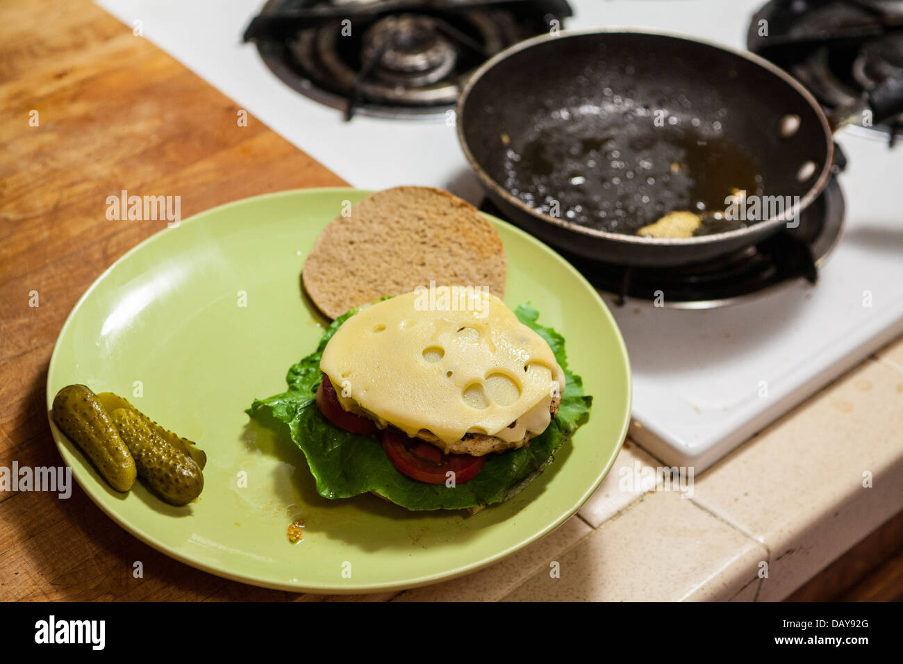 A luscious turkey hamburger with low fat swiss cheese and thin bread ...
