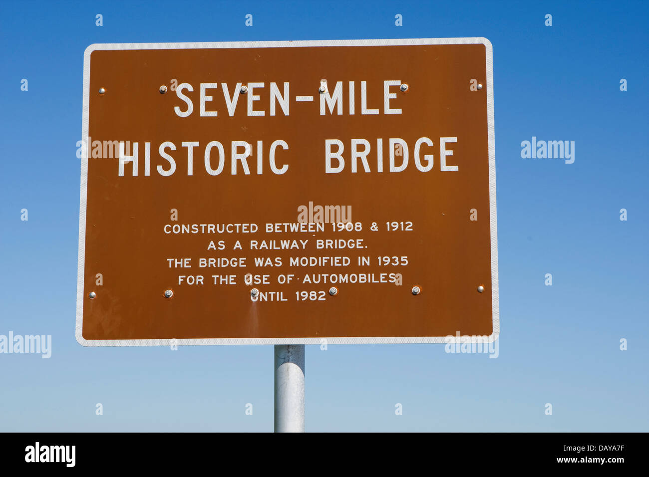 Road sign for Seven Mile Historic Bridge. The bridge connects Key Vaca ...