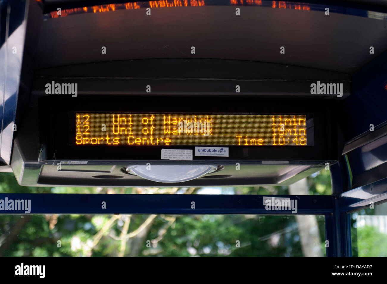 Next bus times in bus shelter, University of Warwick, UK Stock Photo ...