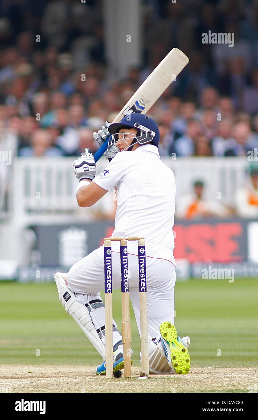 London, UK. 21st July, 2013. Joe Root plays a shot and is caught out ...