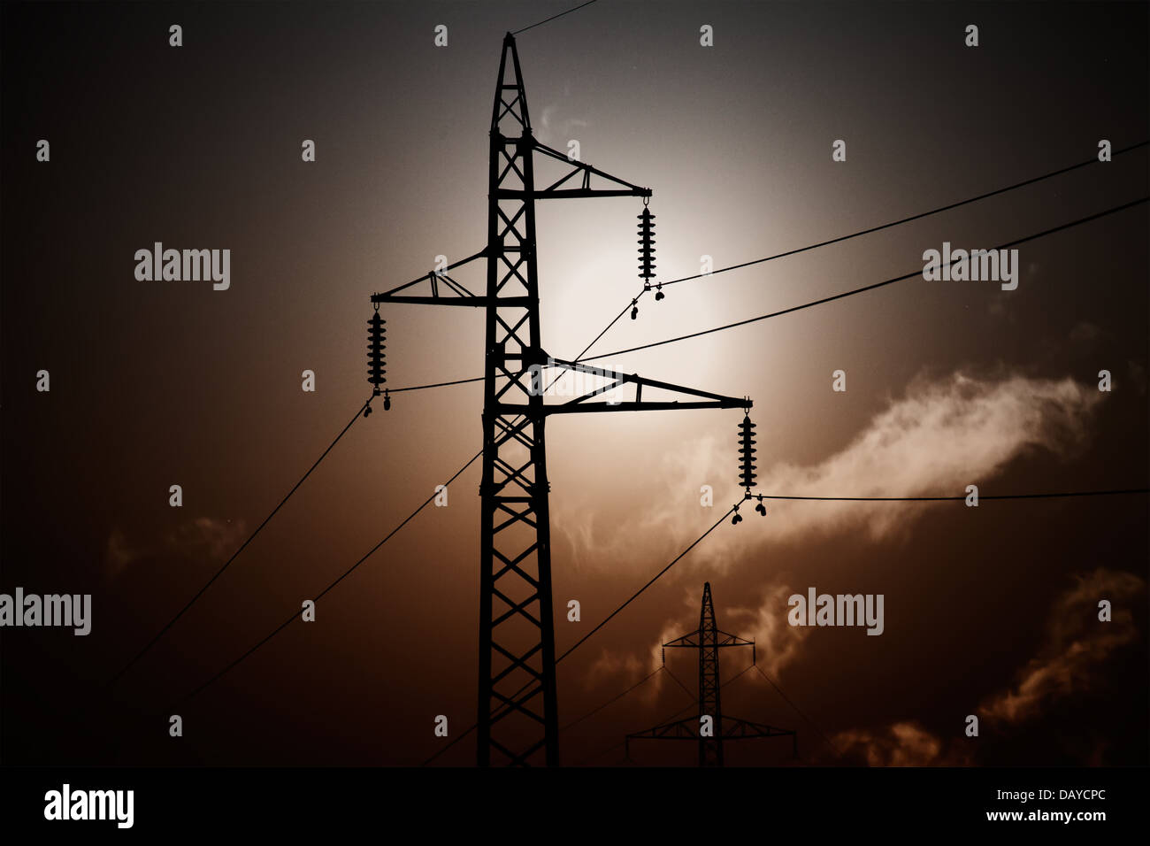 abstract electric pylon and cable with full moon Stock Photo - Alamy