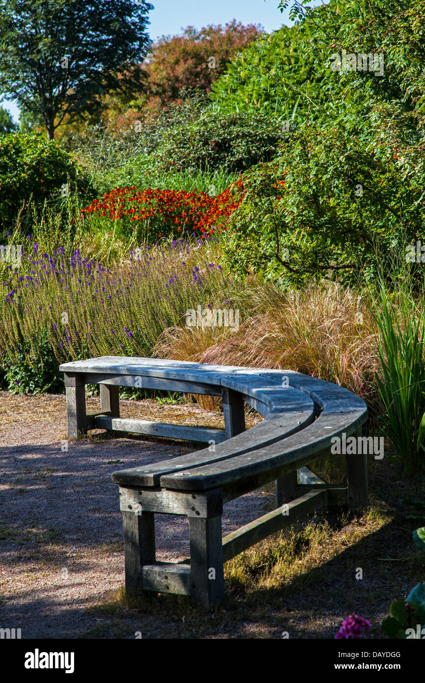 Curved Wooden Bench Amongst Ornamental Grasses and Crocosmia Stock ...
