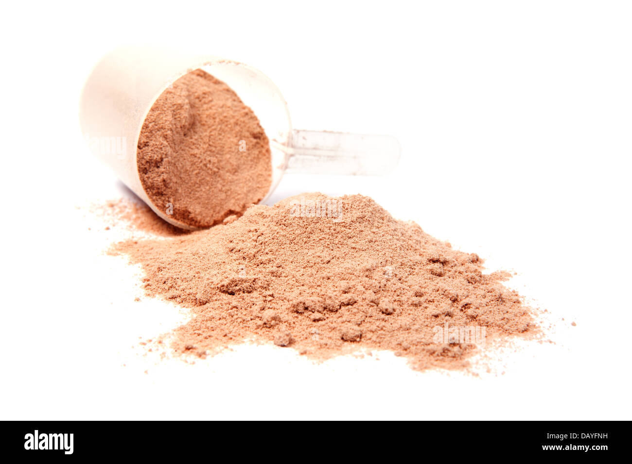 A scoop of chocolate whey isolate protein isolated on white background ...