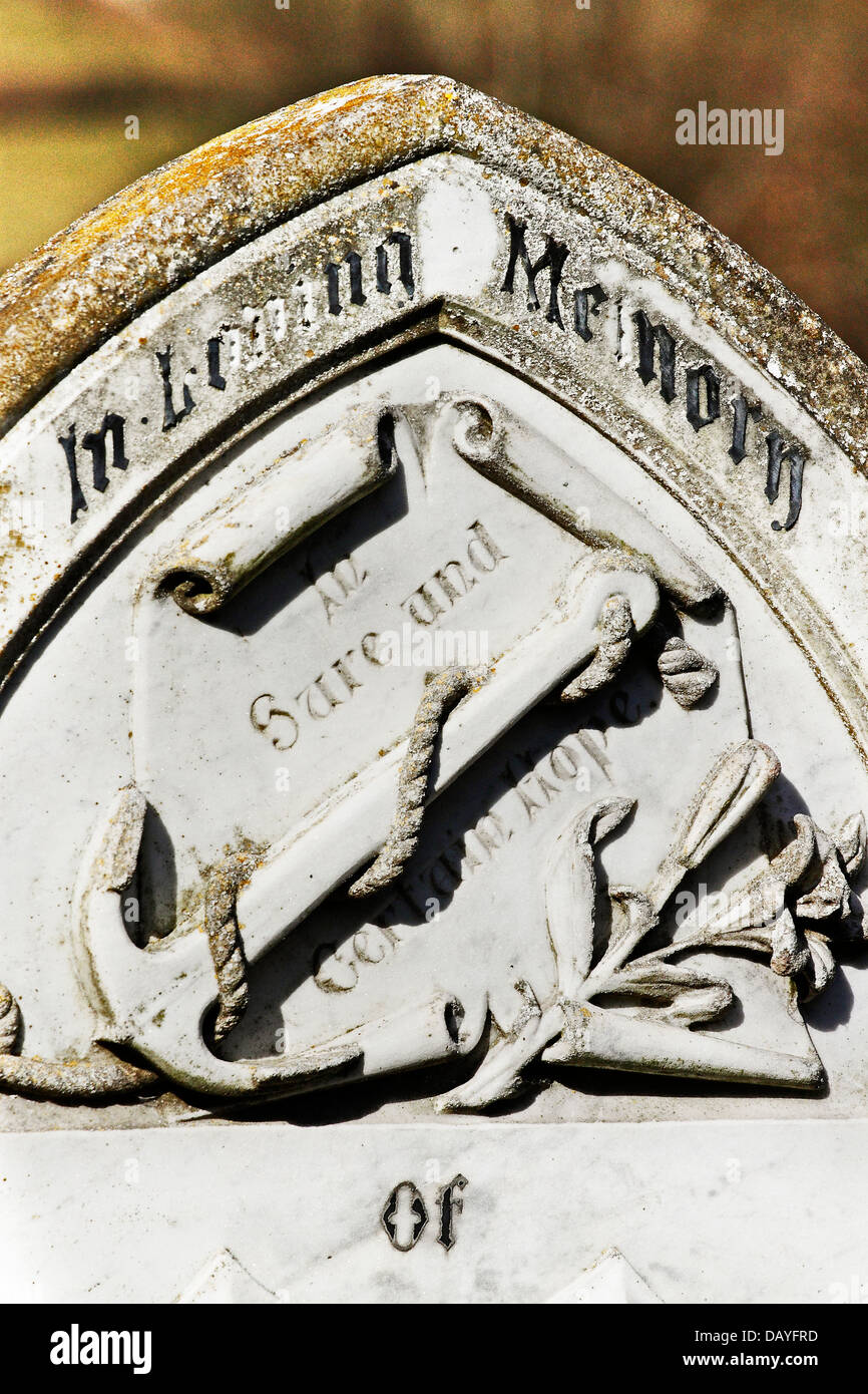 A gravestone bearing the inscription 'In Loving Memory' and 'In Sure ...