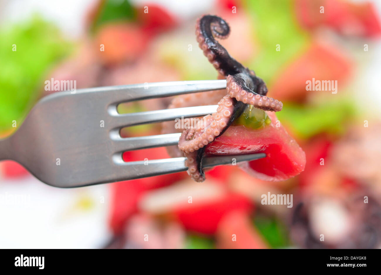 octopus with tomato on a fork against seafood salad Stock Photo - Alamy
