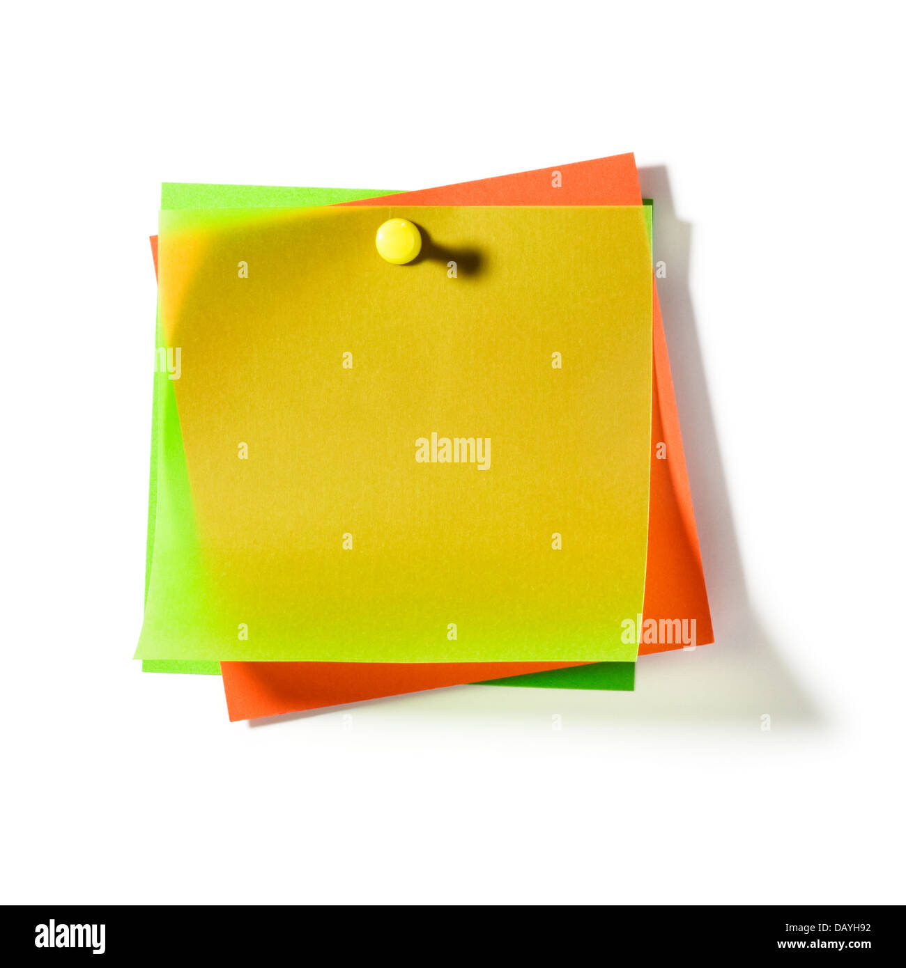 Colorful transparent note papers with push pin on white background ...