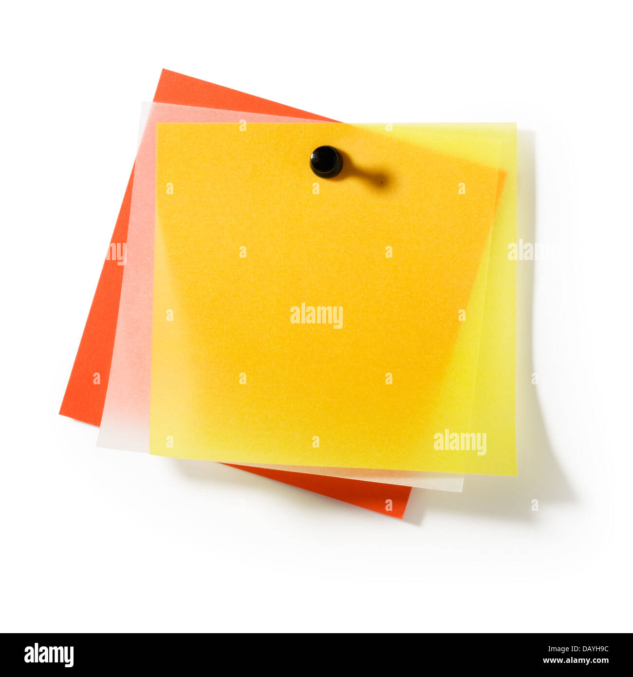Colorful transparent note papers with push pin on white background ...