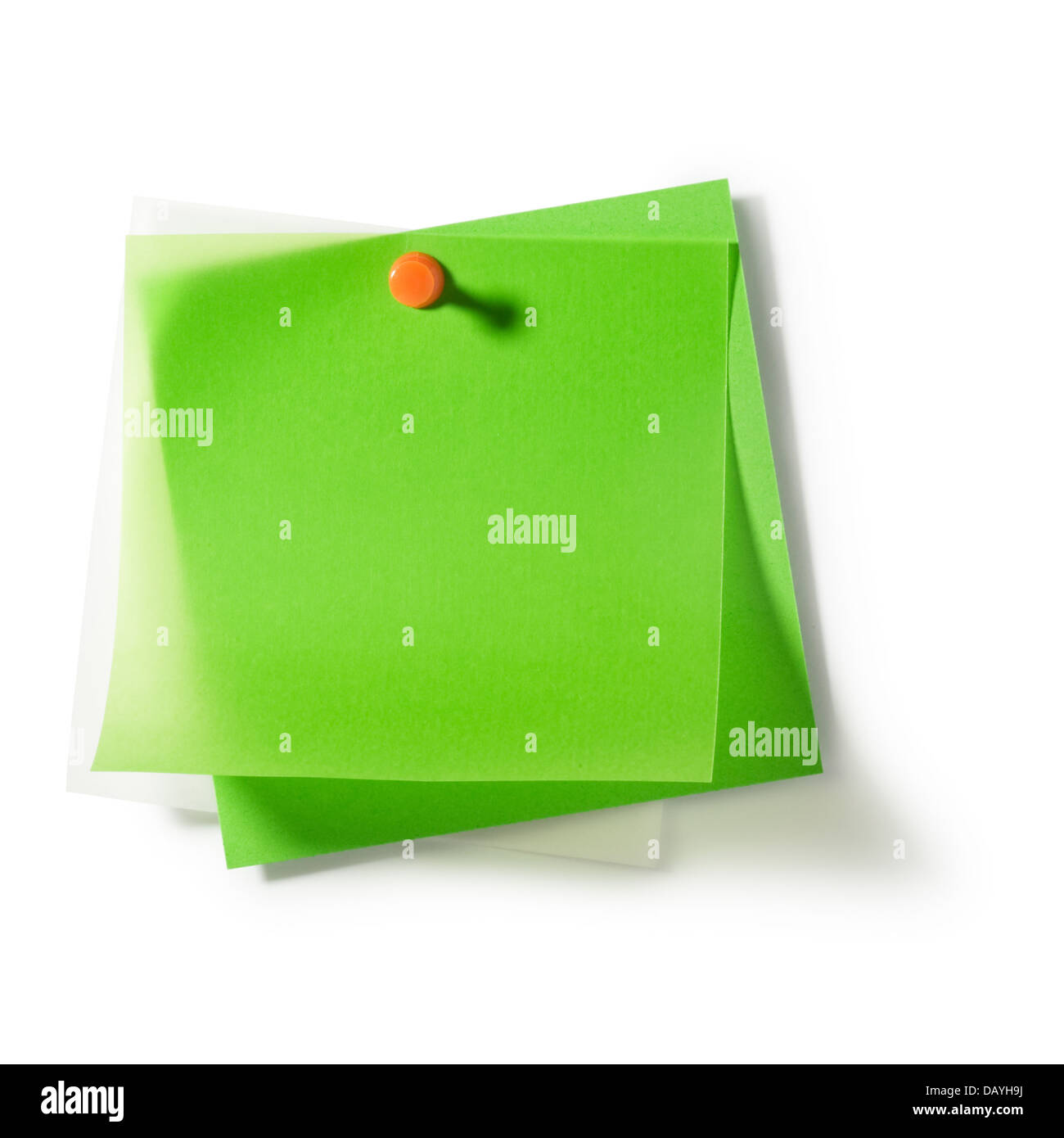 Green transparent note papers with push pin on white background ...