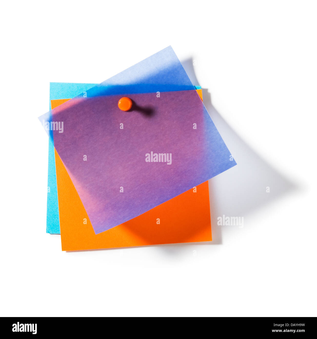 Colorful transparent note papers with push pin on white background ...