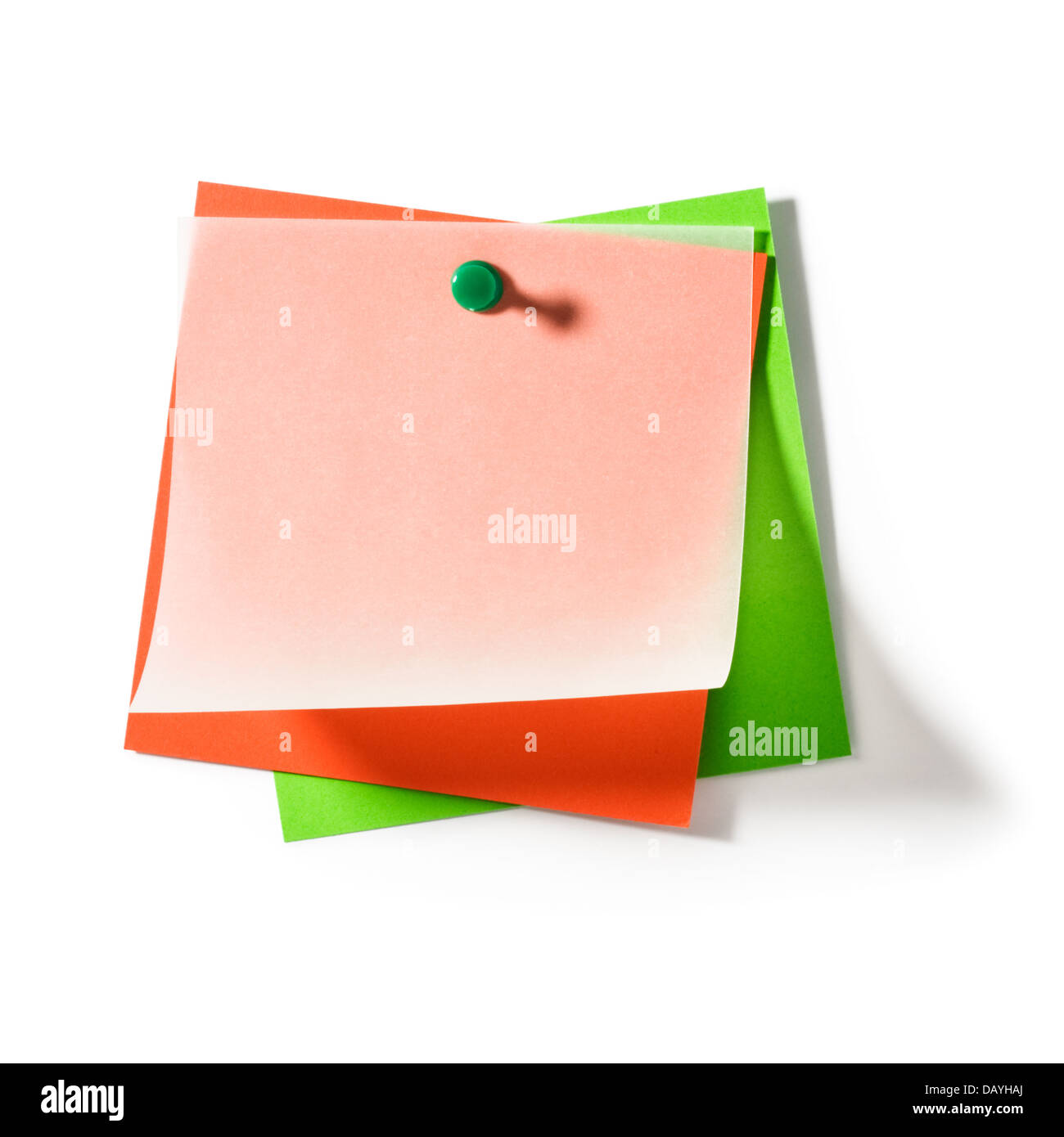 Colorful transparent note papers with push pin on white background ...