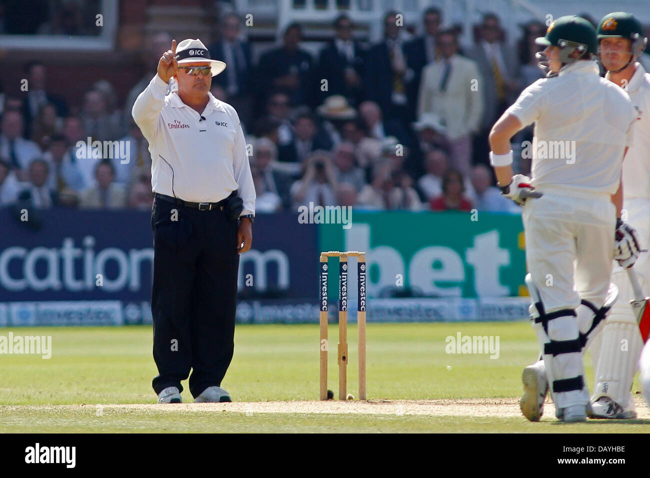 London, UK. 21st July, 2013. Umpire Marais Erasmus signals out for ...