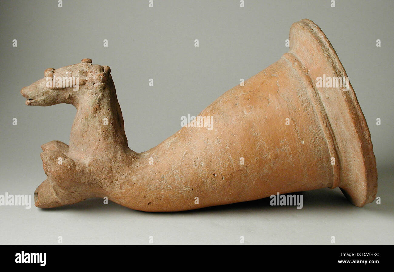 This horse-shaped rhyton, crafted from bronze, is a ceremonial drinking ...