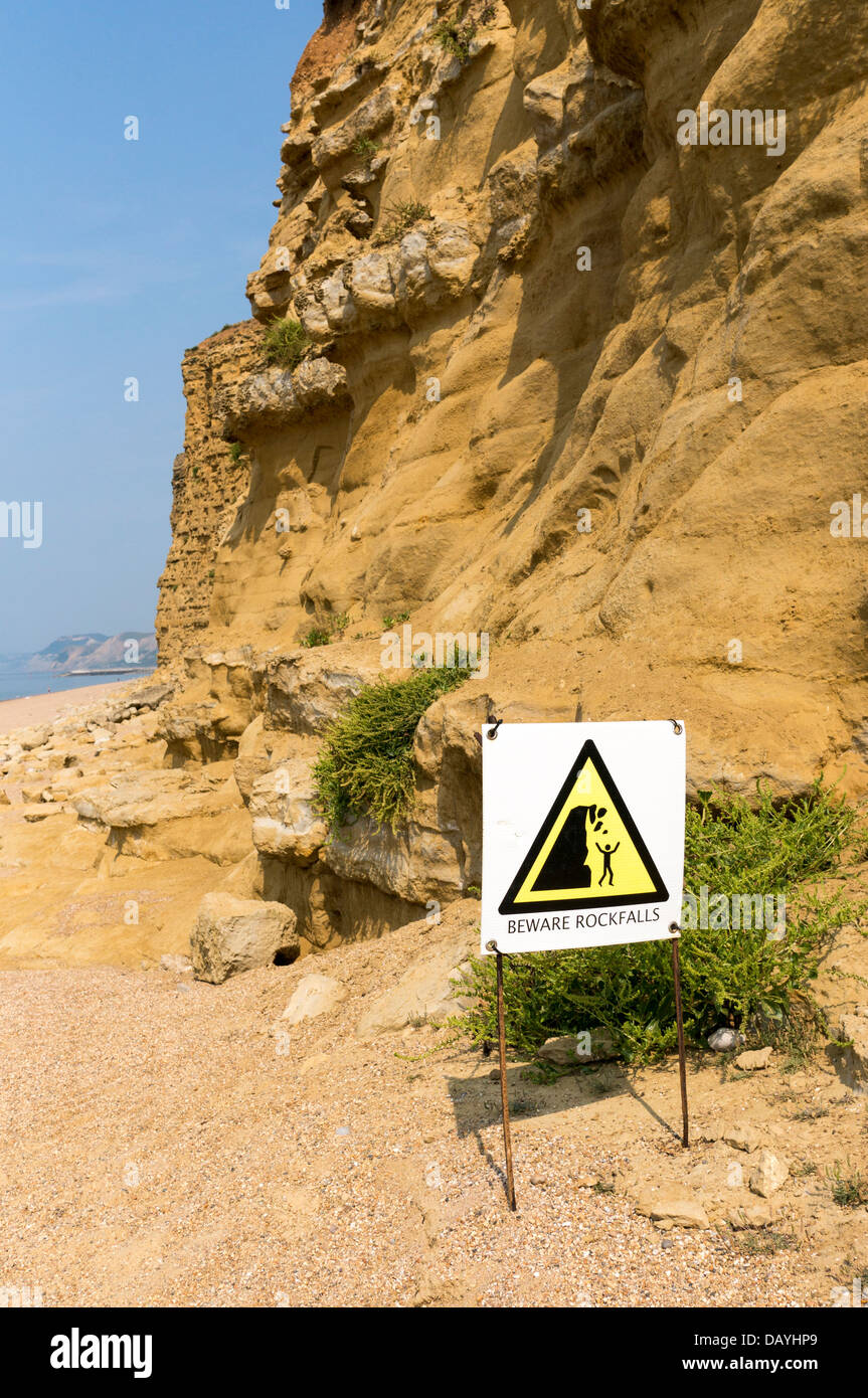 Sign warning of rockfall danger at base of Sandstone cliffs in ...