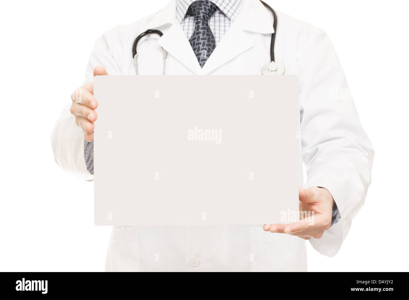 Doctor holding grey board with space for your text on white background ...