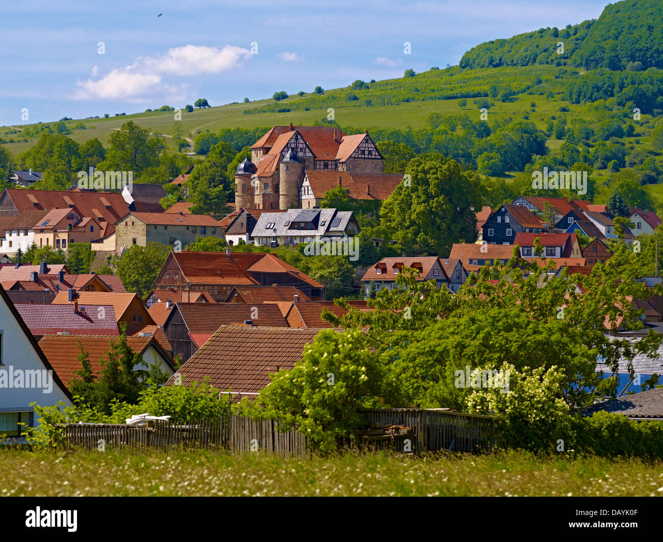 Castle in Kuehndorf at the foot of Dolmar mountain, Thuringia, Germany ...