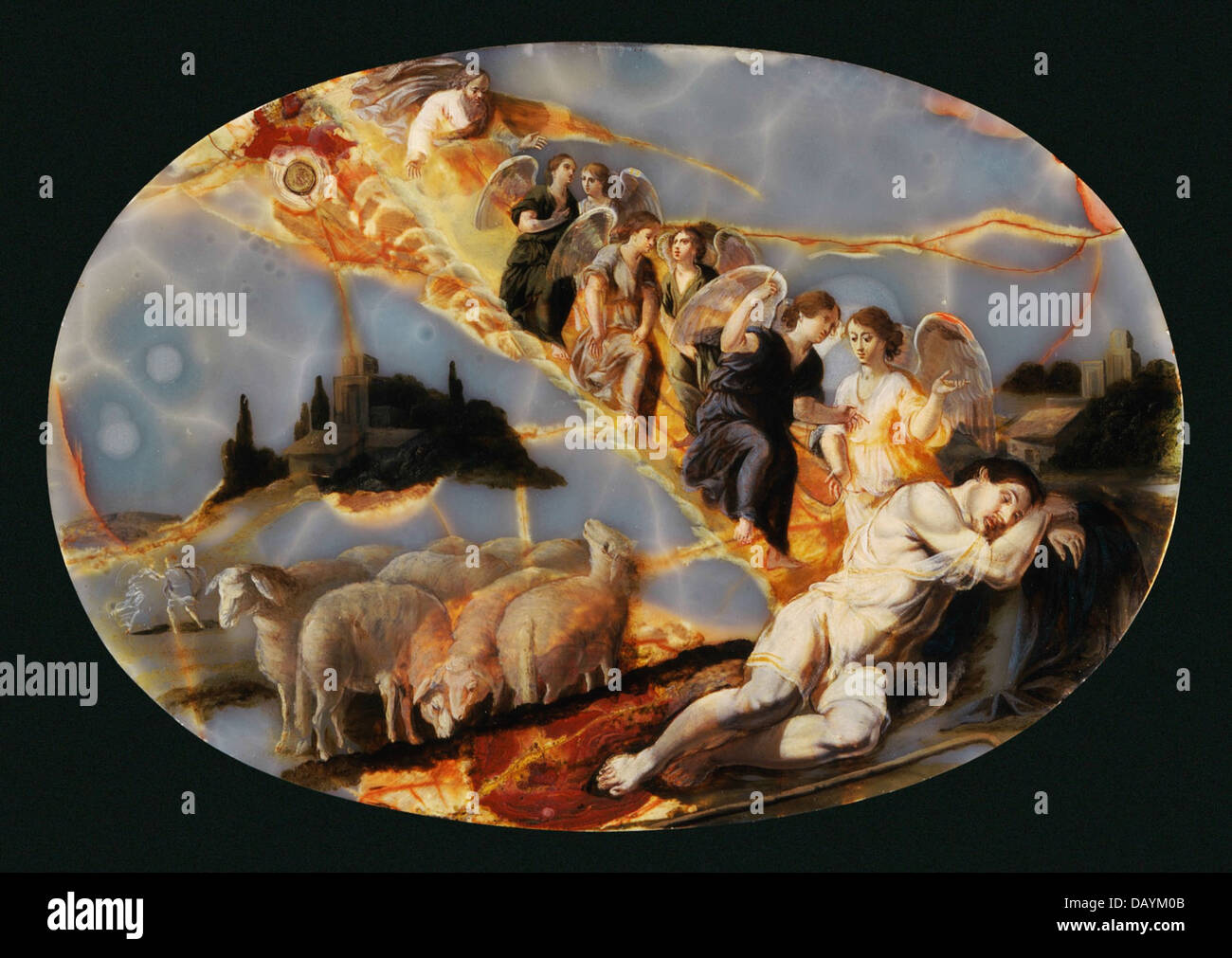 This painting depicts the biblical story of Jacob’s Ladder, where Jacob ...