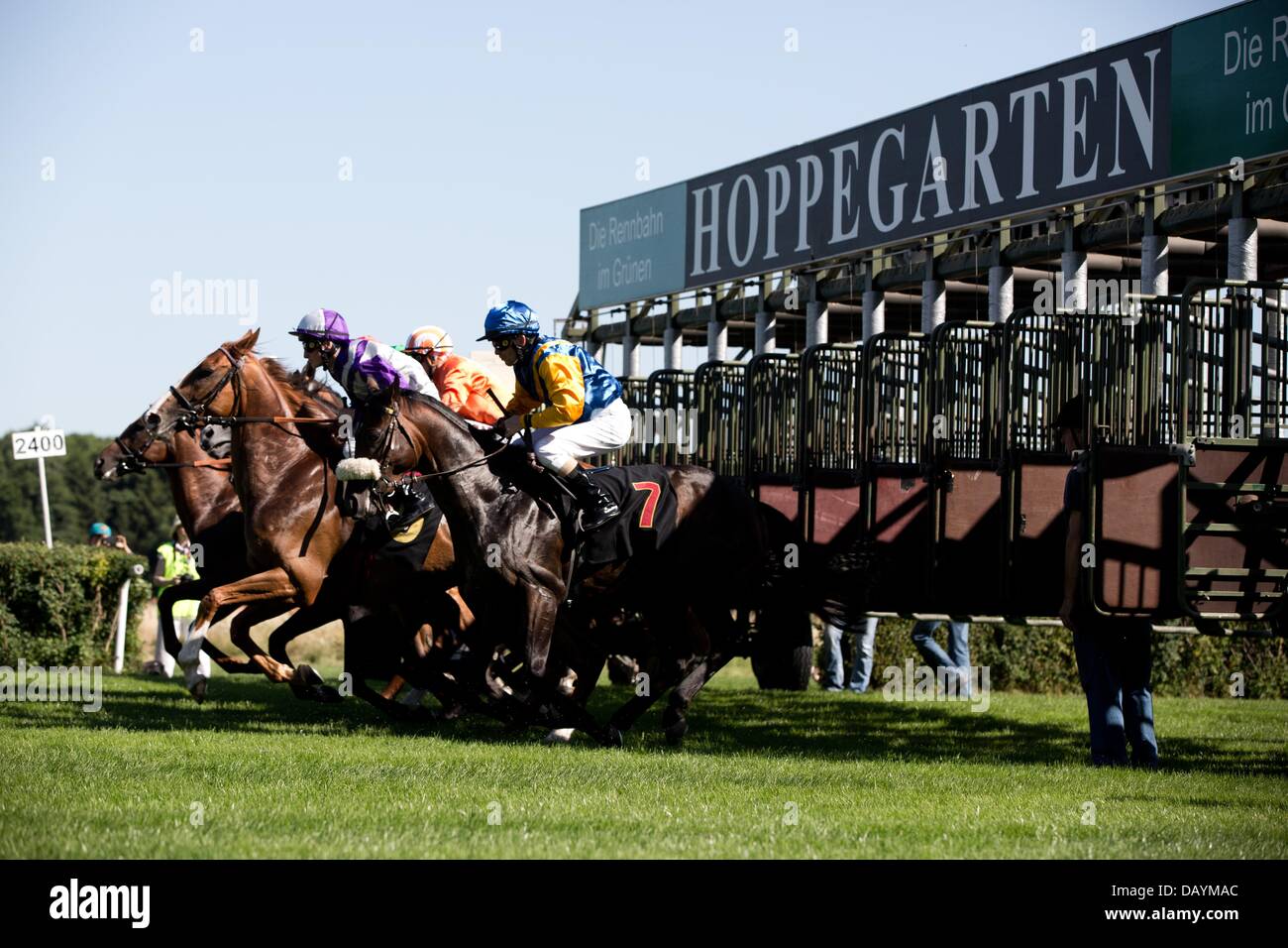 Horses race out of the boxes after the starting signal during the 123rd ...