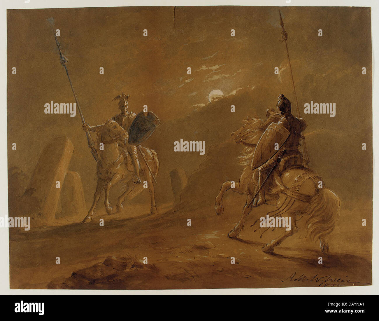 This painting depicts a medieval knight in an intense encounter ...