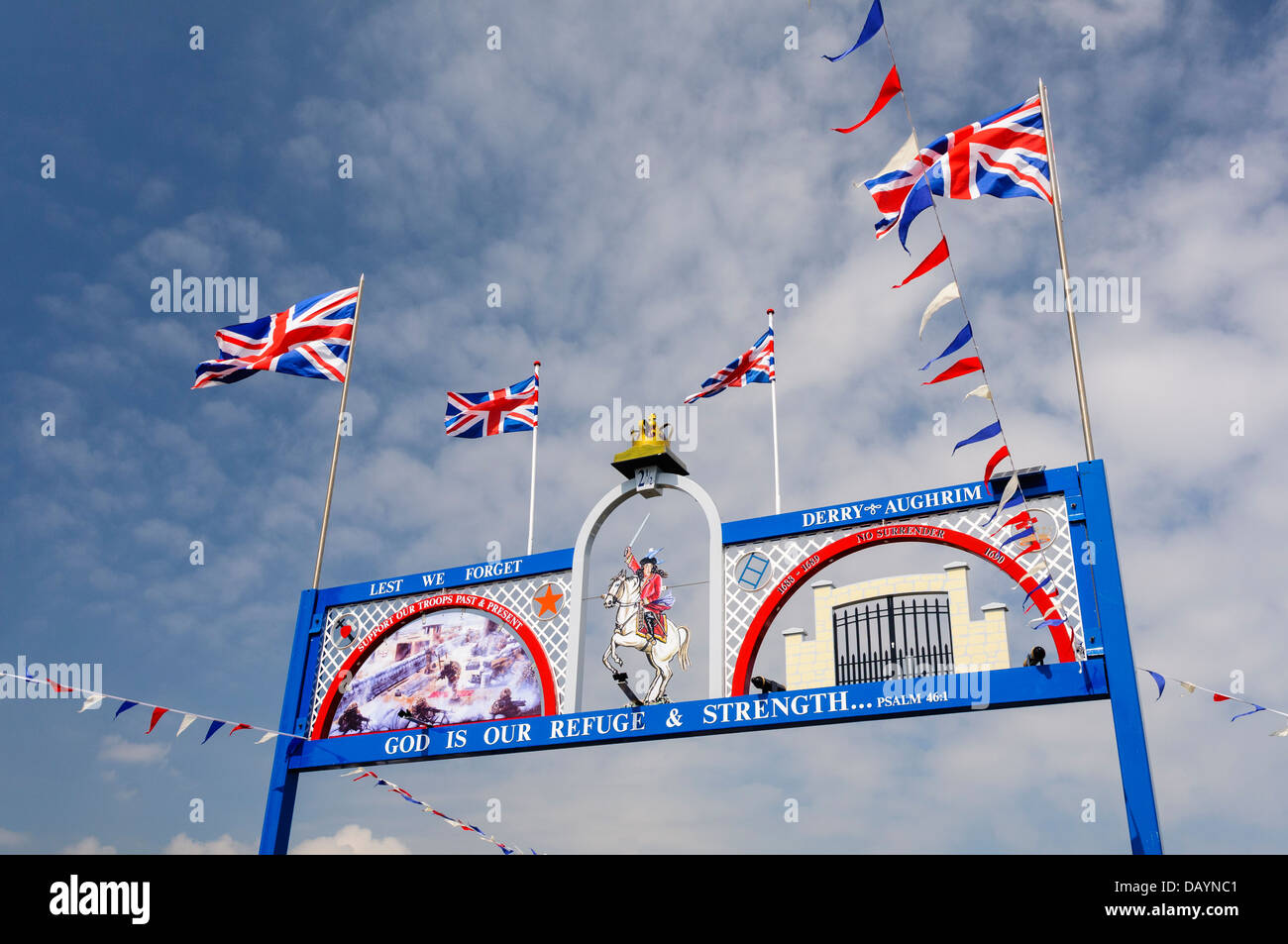 Orange Order archway in Kilkeel, County Down. Traditionally erected for ...