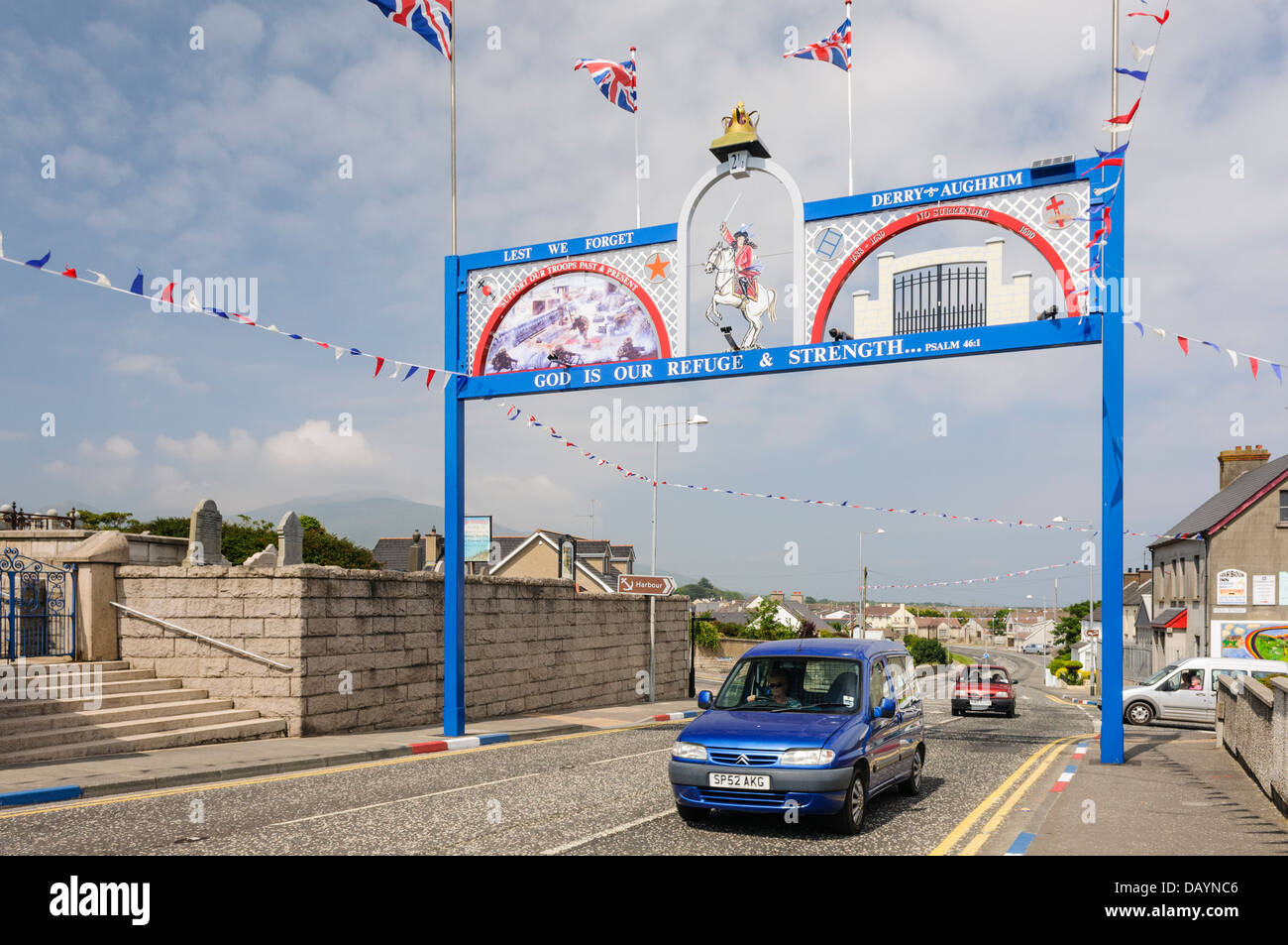 Orange Order archway in Kilkeel, County Down. Traditionally erected for ...
