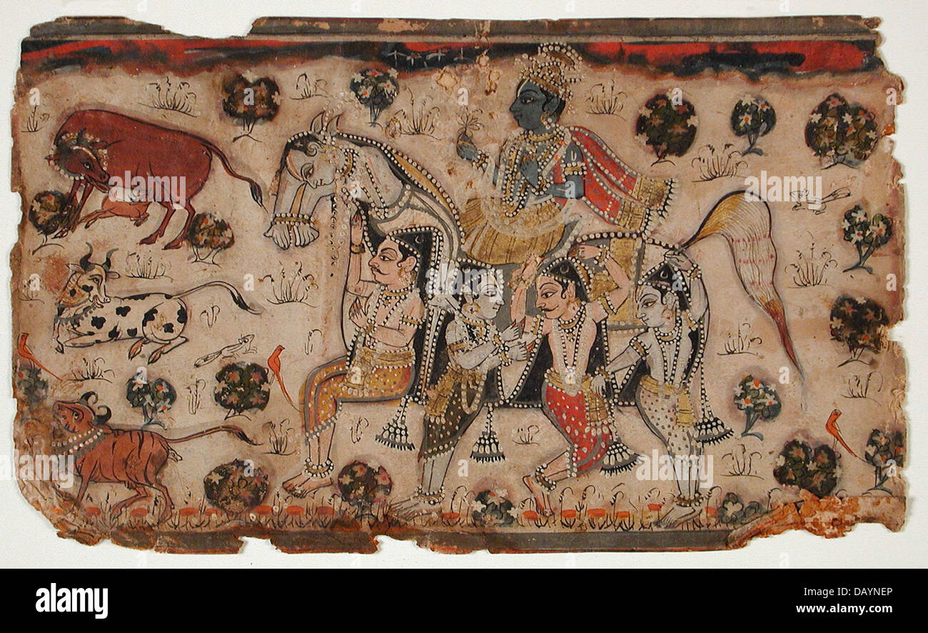 This sculpture portrays Krishna riding a composite horse, a scene from ...