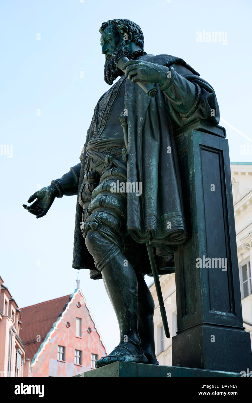 Fugger sculpture from 1857 at the Fuggerplatz in Augsburg Stock Photo ...