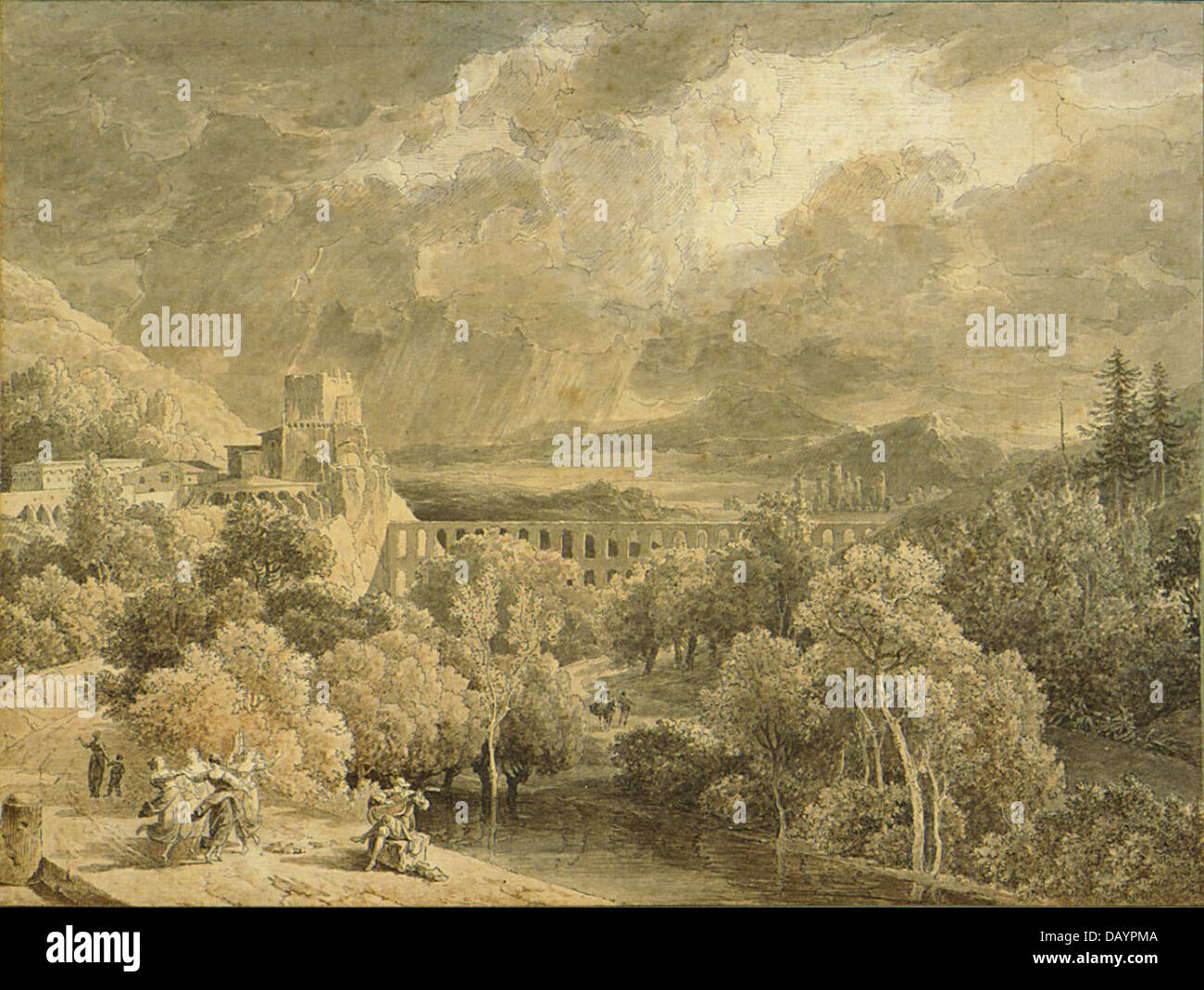This landscape painting portrays a scenic view featuring an aqueduct ...