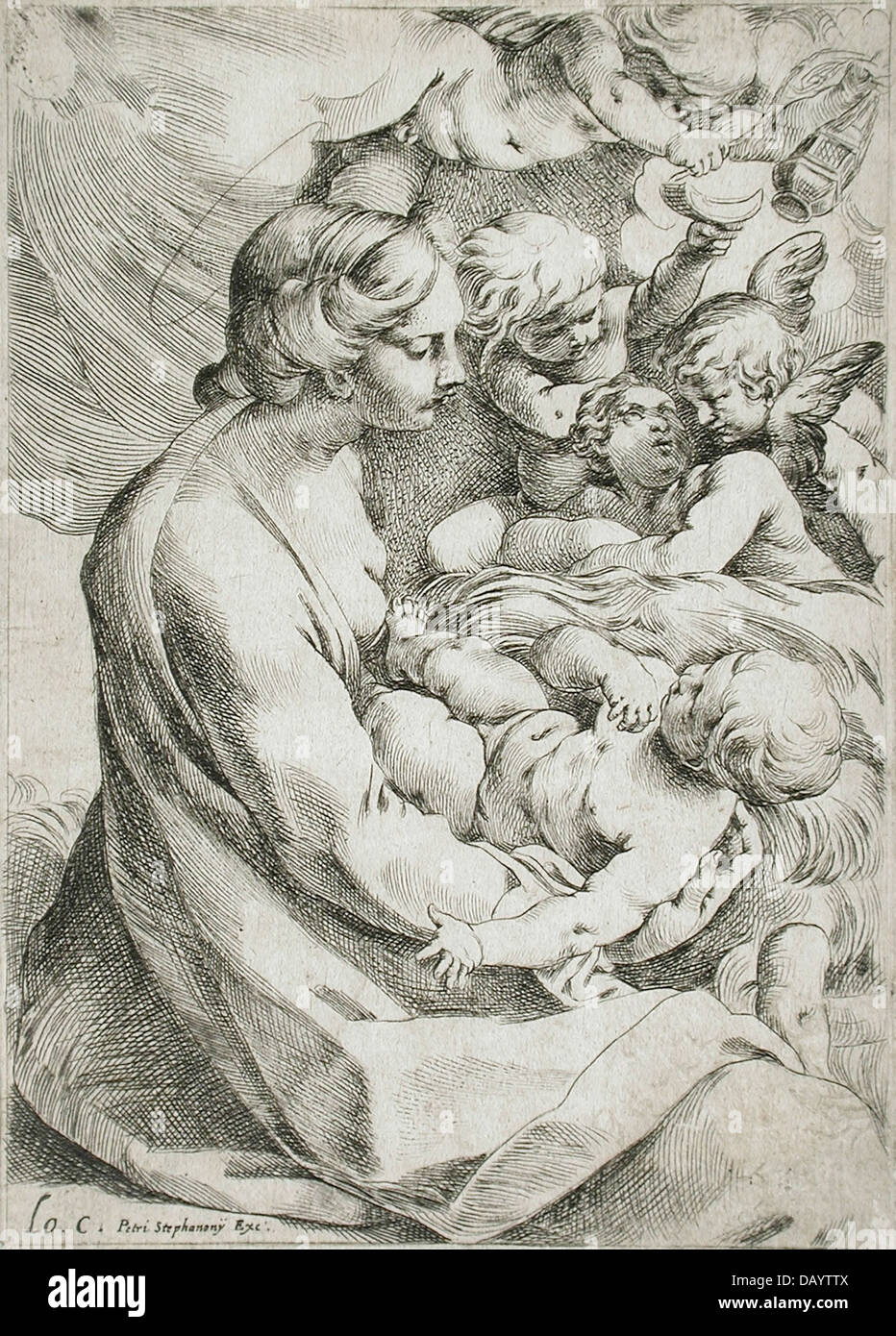 This painting depicts the Madonna and Child, flanked by angels, a ...