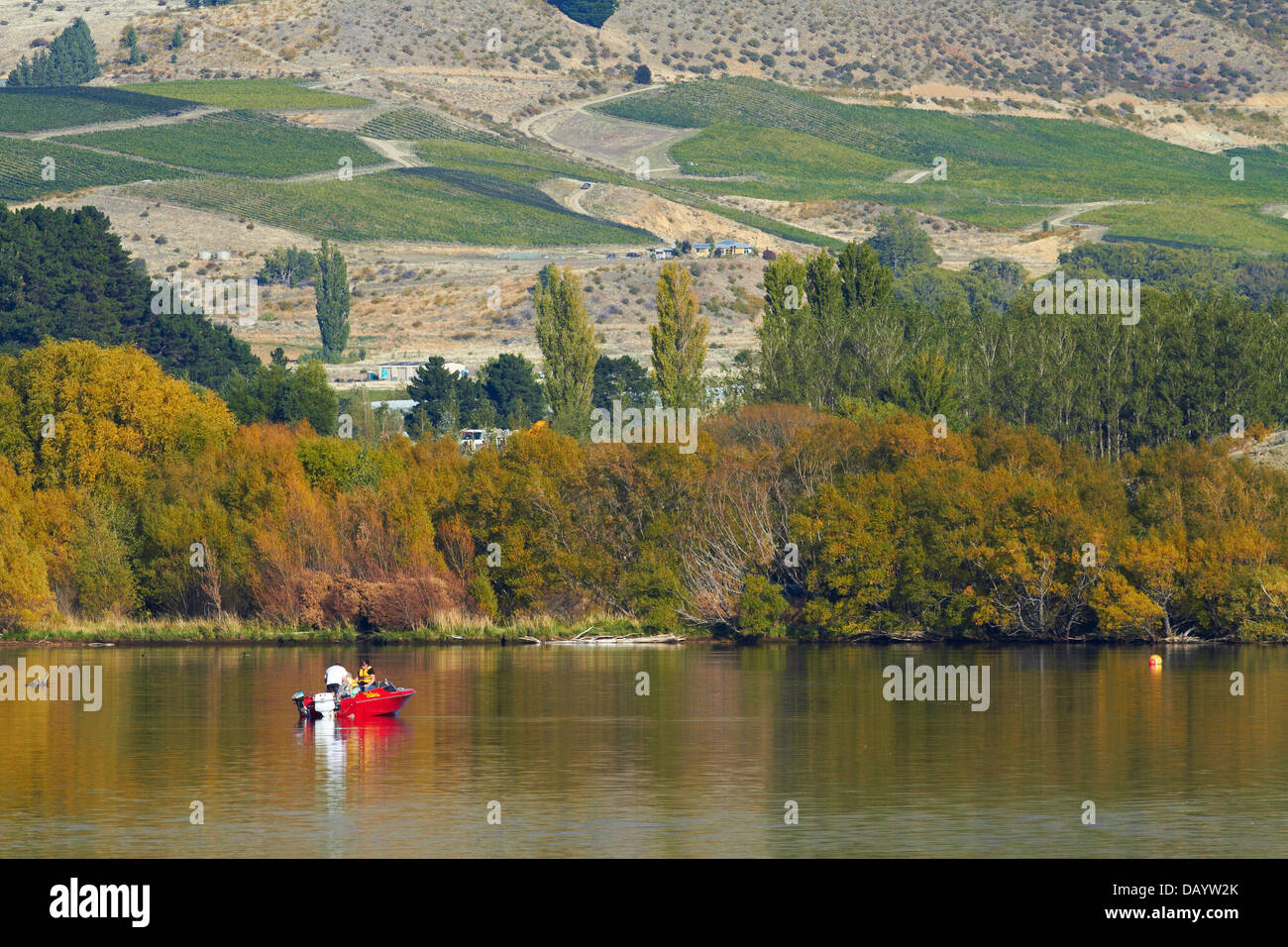 Lake Dunstan, and people in boat fishing, Central Otago, South Island ...