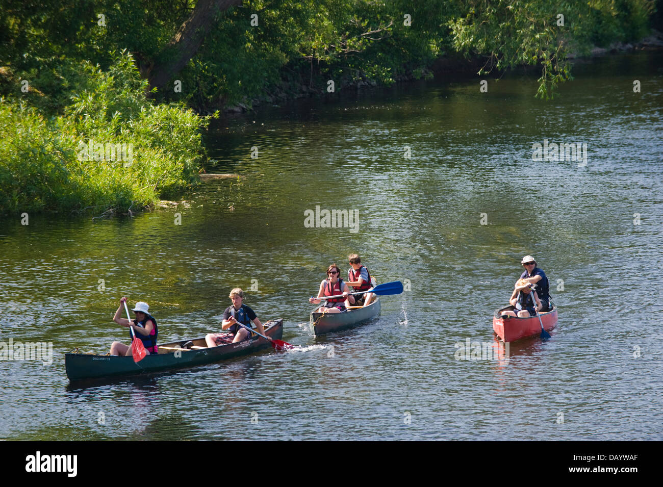 Children & adult canoeists in open canoes paddling down the River Wye ...