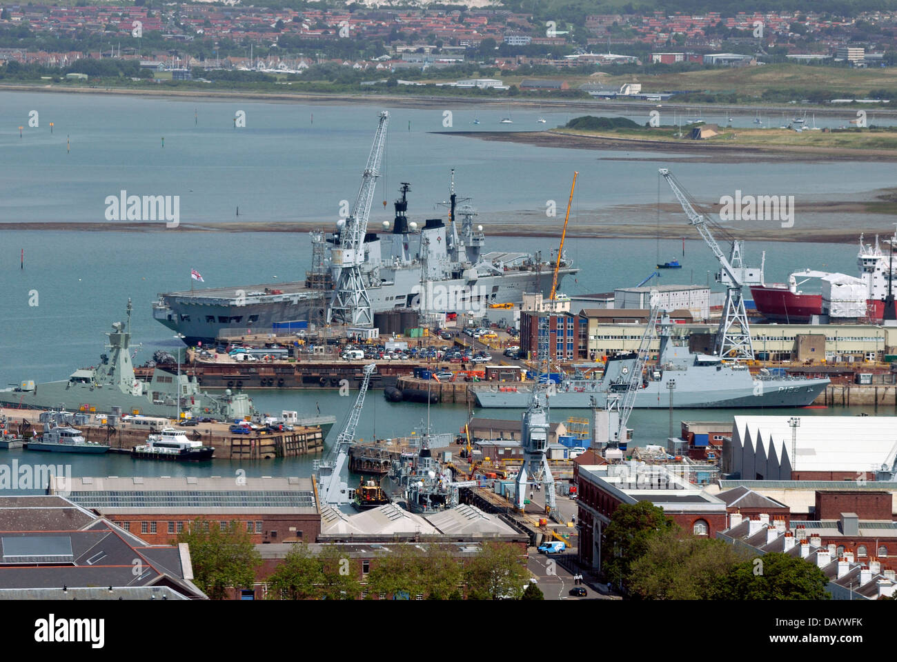 An aerial view of part of the Royal Navy base at Portsmouth Harbour ...