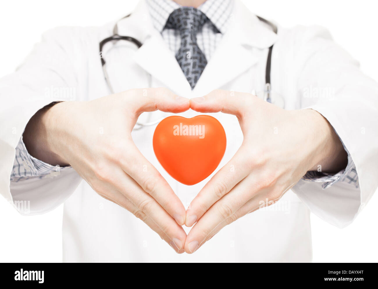 Doctor making heart shape with his hands around heart toy isolated on ...