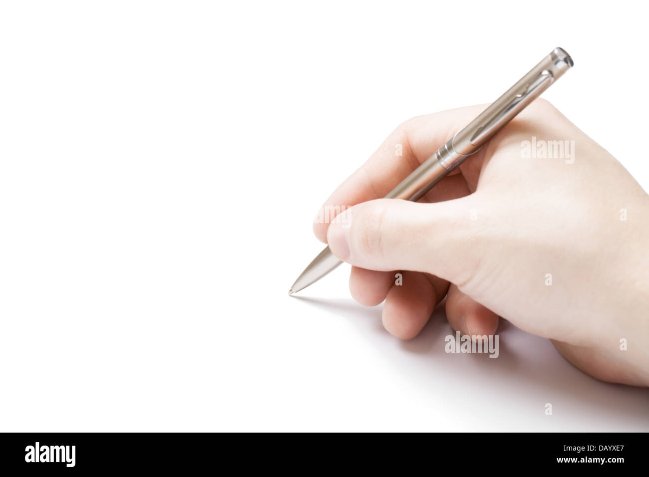 Pen in right hand of male isolated on white background Stock Photo - Alamy
