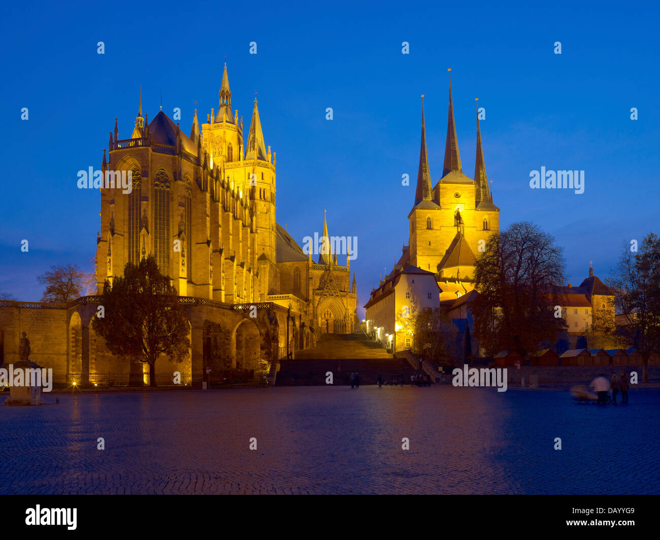 St. Mary's Cathedral and St. Severus Church at dusk at the Domplatz ...