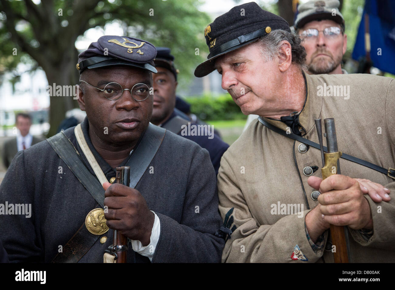 A Civil War re-enactor representing the all black 54th Massachusetts ...