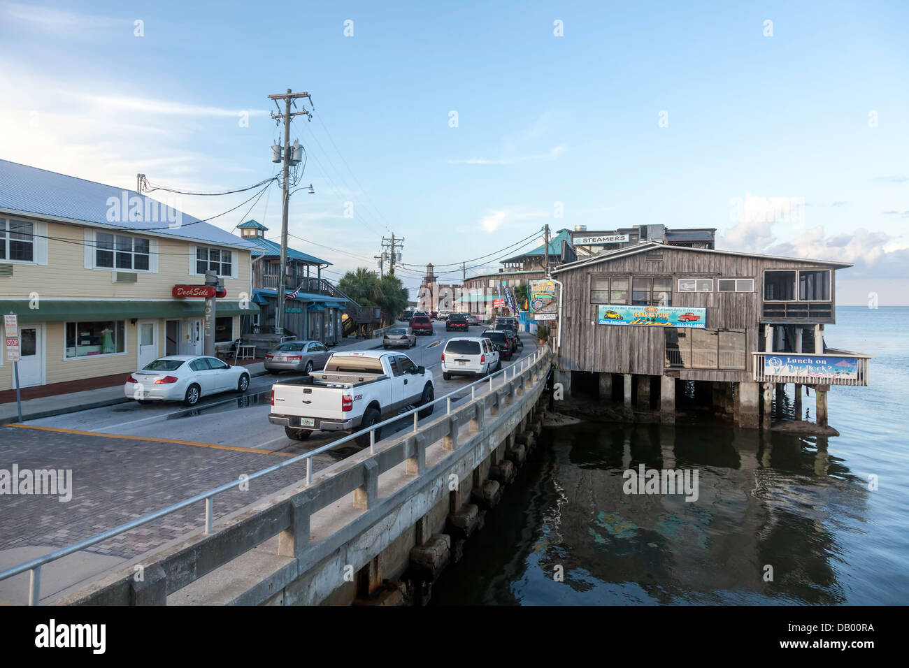 View of restaurants, bars and shops along Dock Street in Cedar Key ...