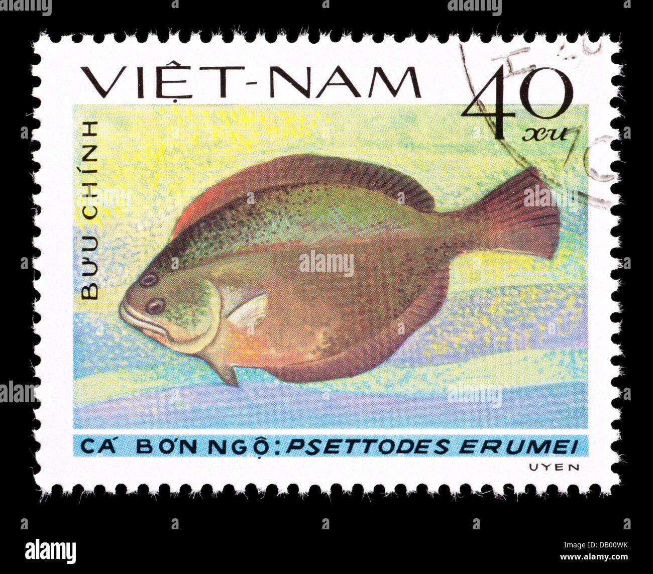 Postage stamp from Vietnam depicting a spottail spiny turbot fish ...
