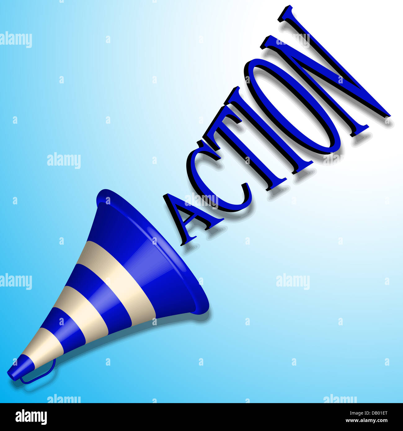 blue bullhorn icon and action command shadowed over blue background ...