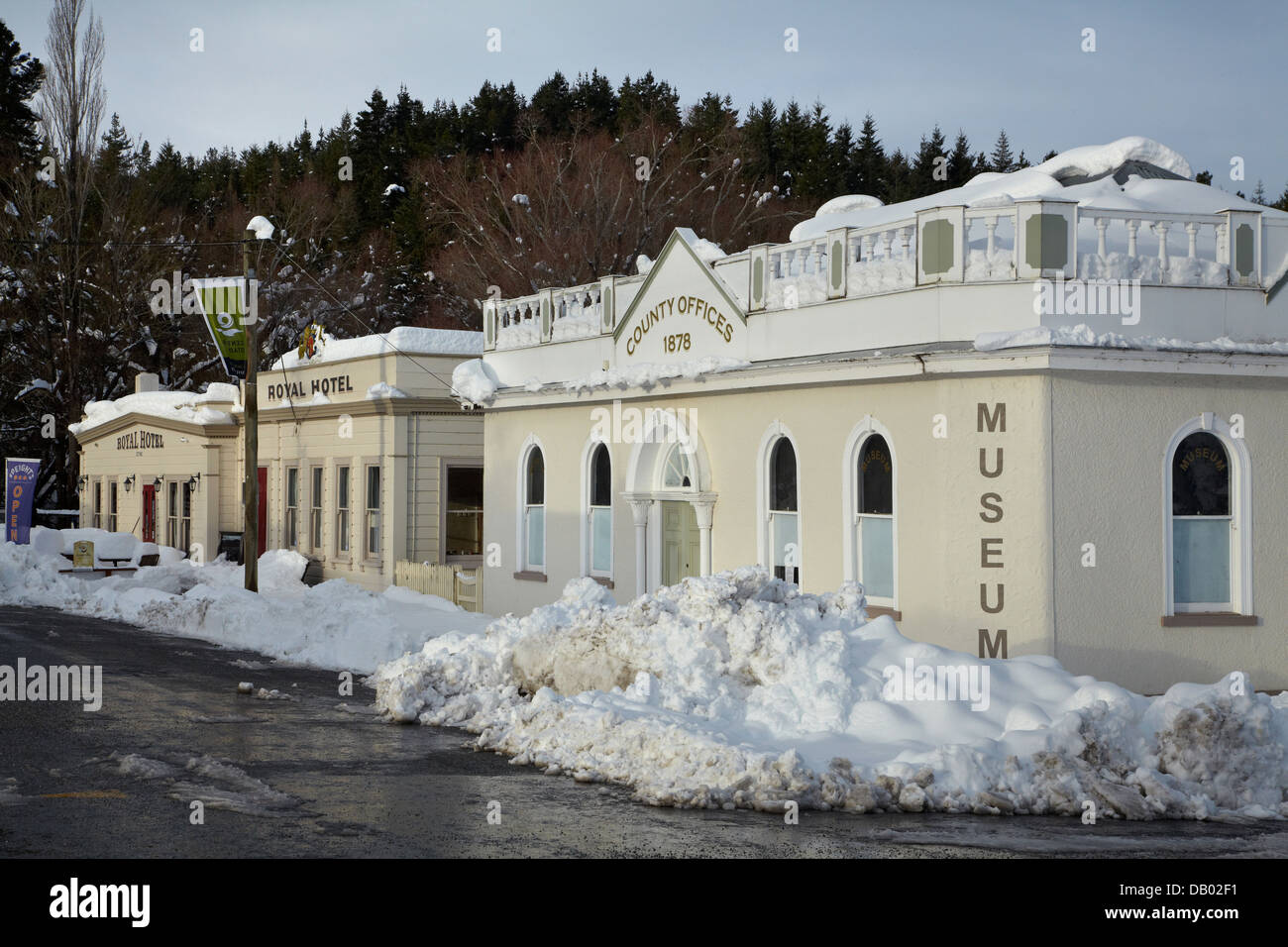 Maniototo County Council Offices, and Royal Hotel, in winter, Naseby ...