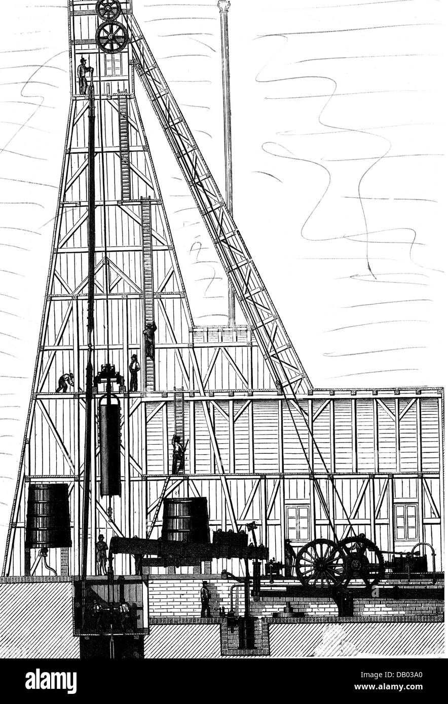 energy, crude oil, drilling derrick, section, wood engraving, 2nd half ...