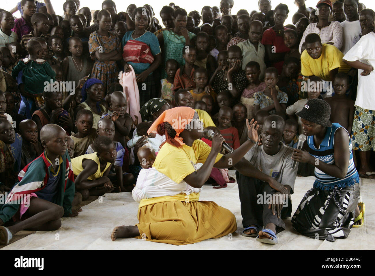 Former child soldiers perform a play at rufugee camp Pabbo near Gulu ...