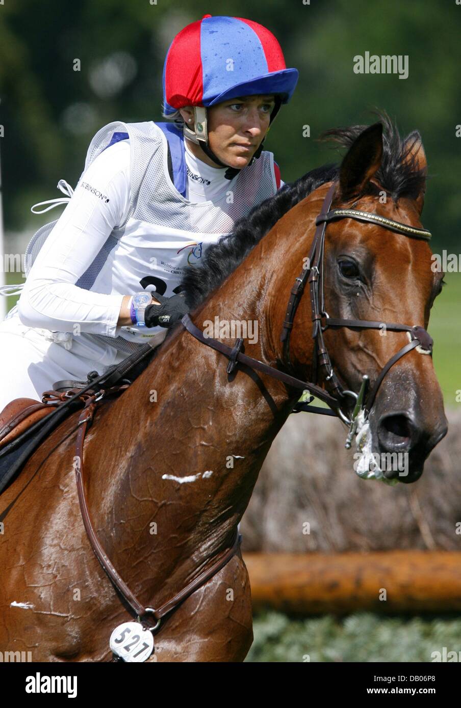 German rider Ingrid Klimke jumps over an obstacle with her horse ...