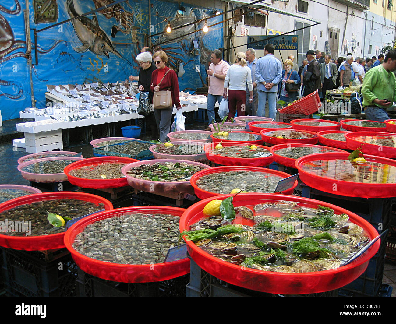 The picture shows bins with fresh shellfish at the fish market of ...