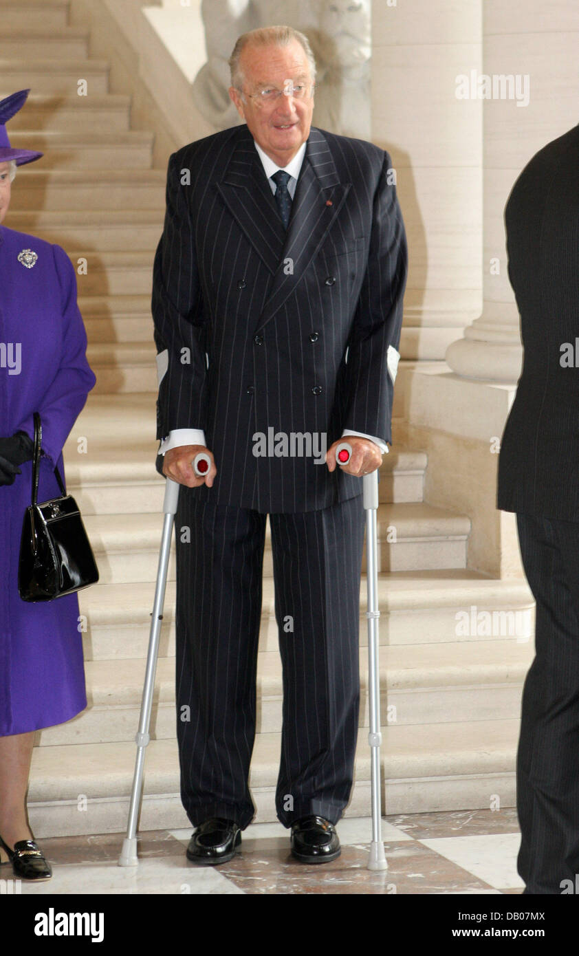 King Albert II of Belgium is pictured on crutches during a visit of the ...