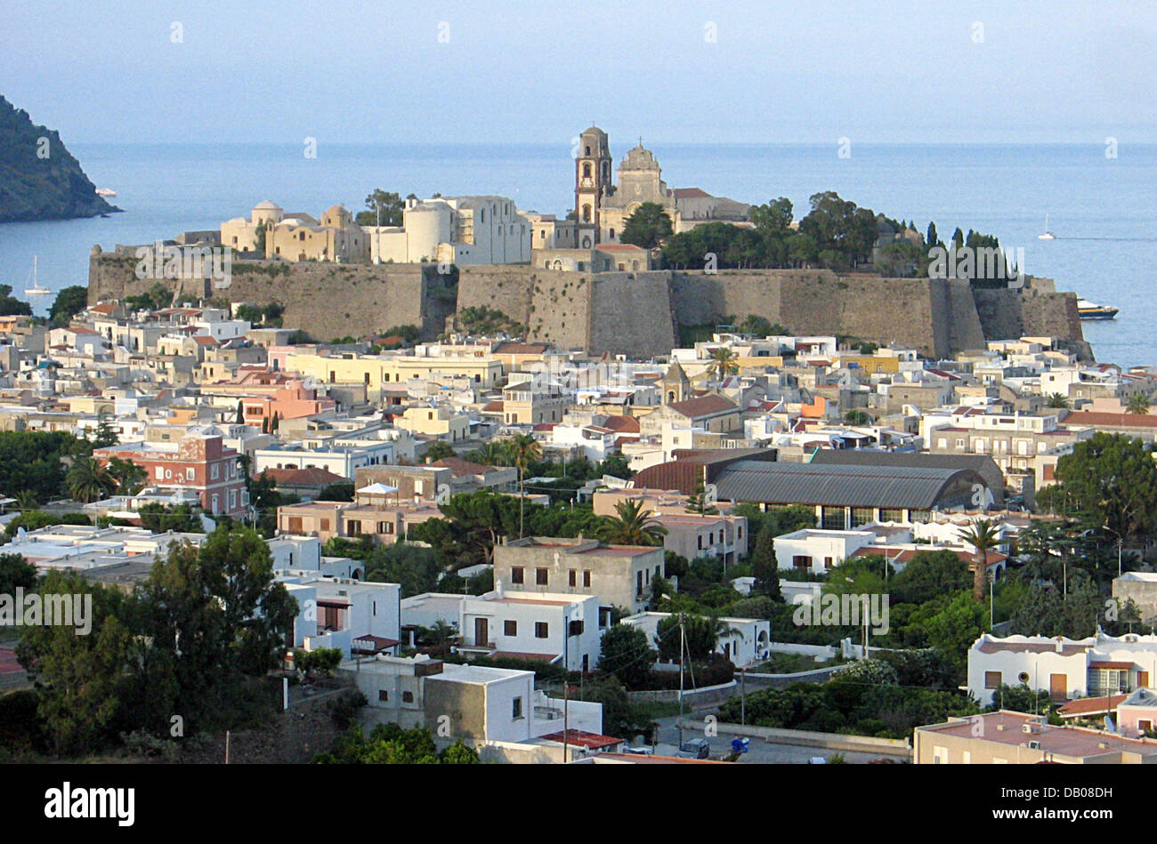 The picture shows the city Lipari with its castle on island Lipari ...