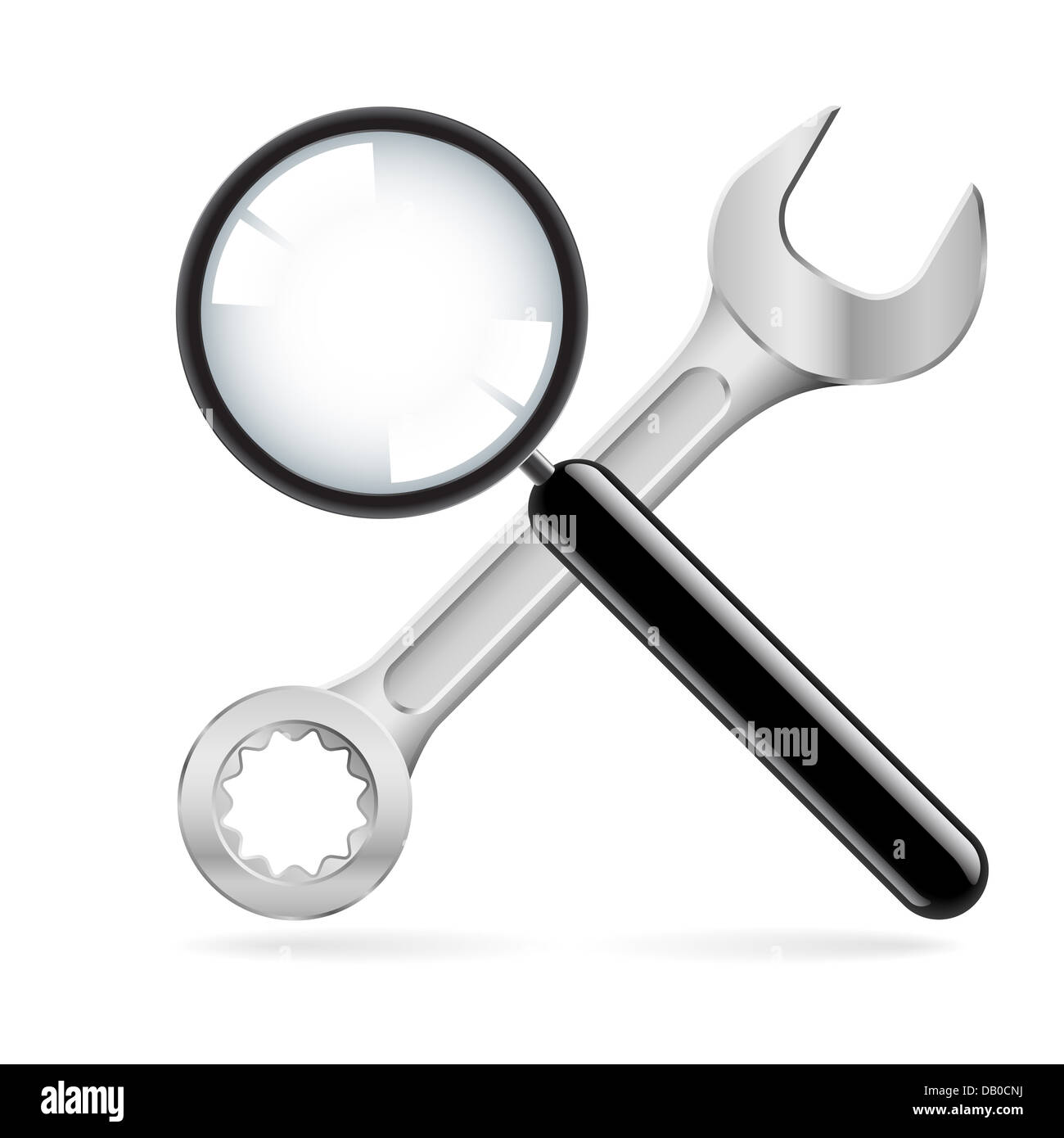 Magnifying glass and wrench. Illustration on white background Stock ...